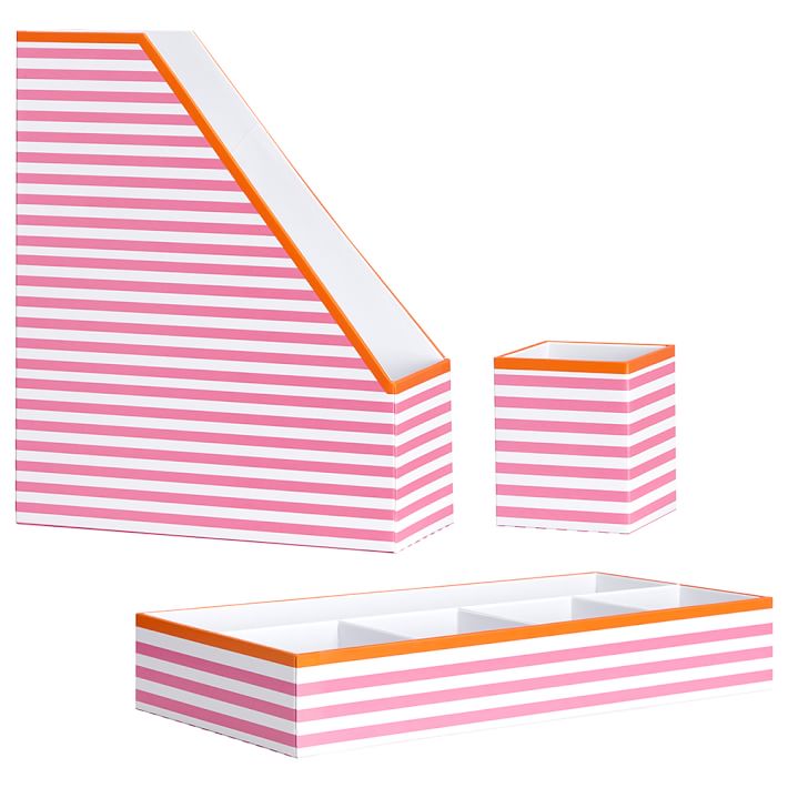 Printed Paper Desk Accessories Set - Pink Stripe With Tangerine Trim ...