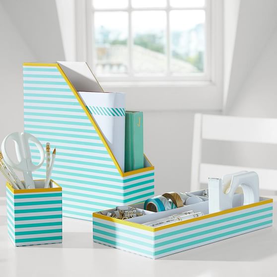 Printed Paper Desk Accessories Set - Pool Stripe With Yellow Trim ...