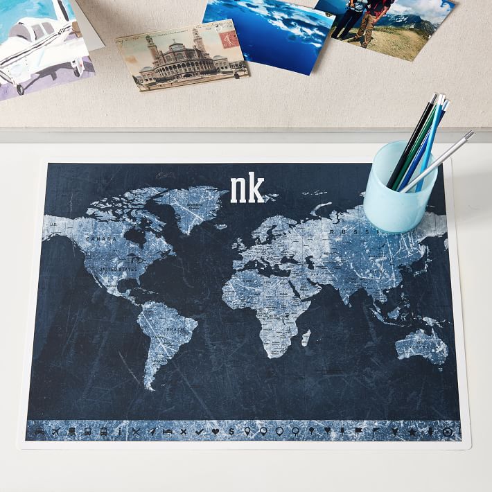 Indigo World Map Personalized Desk Mat | Dorm Desk Decor | Pottery Barn ...