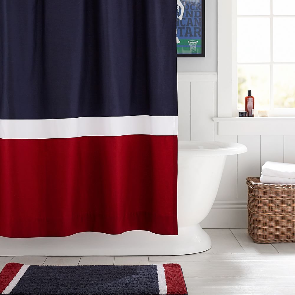 Navy & Red Color Block Teen Shower Curtain | Pottery Barn Teen